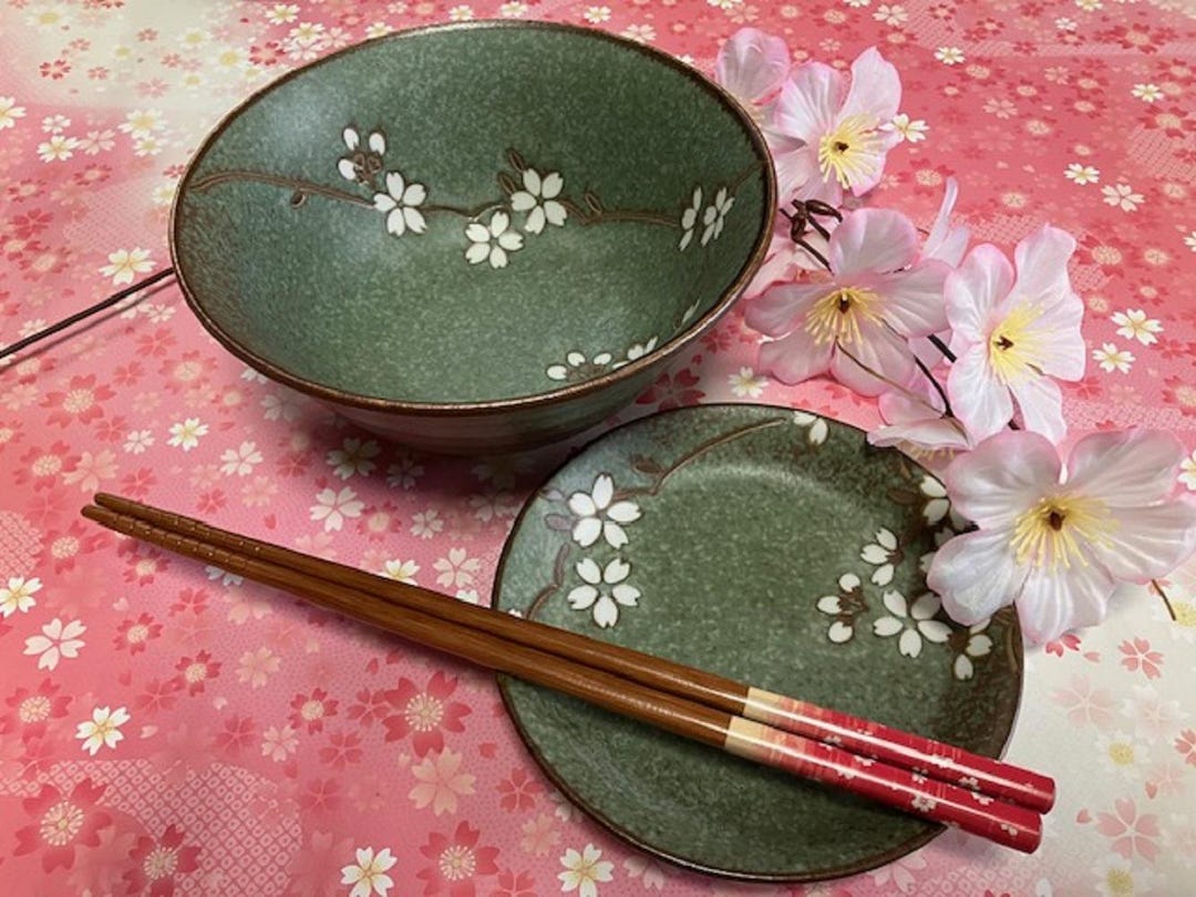 Japanese Pottery Ceramics,white Sakura Cherry Blossom Chic Moss Green ...