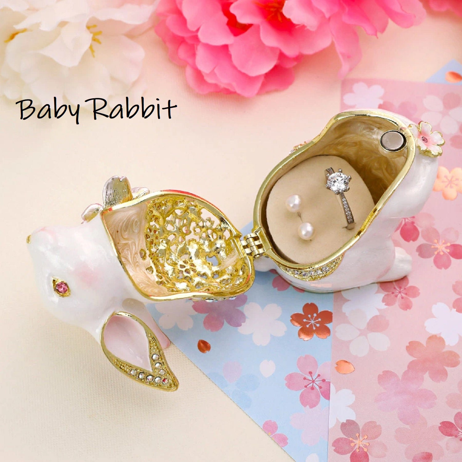 Easter Gift/cherry Blossoms Rabbit Jewelry Box/crystal Rabbit Jewelry ...
