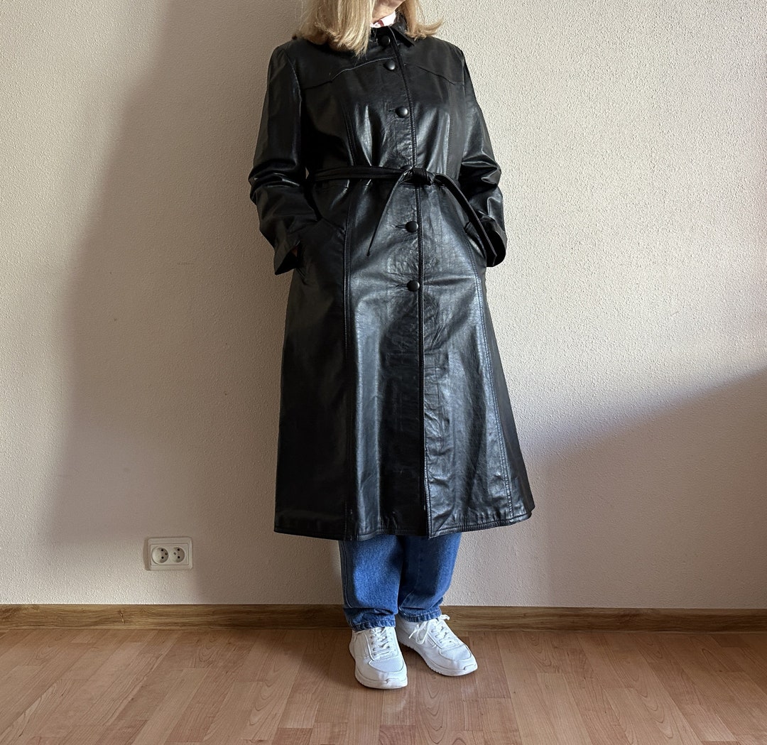 Vintage REGENTS Ledermantel Damen Ledermantel Schwarz Ledermantel Trenchcoat Gürteljacke ...