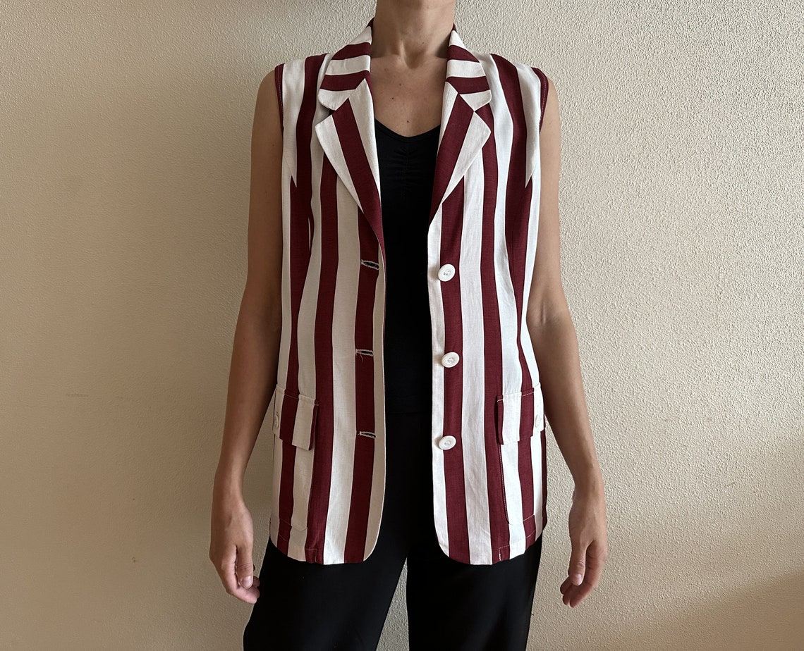 Choice by Steilmann Vintage Blouse White Red Striped Vest Sleeveless ...