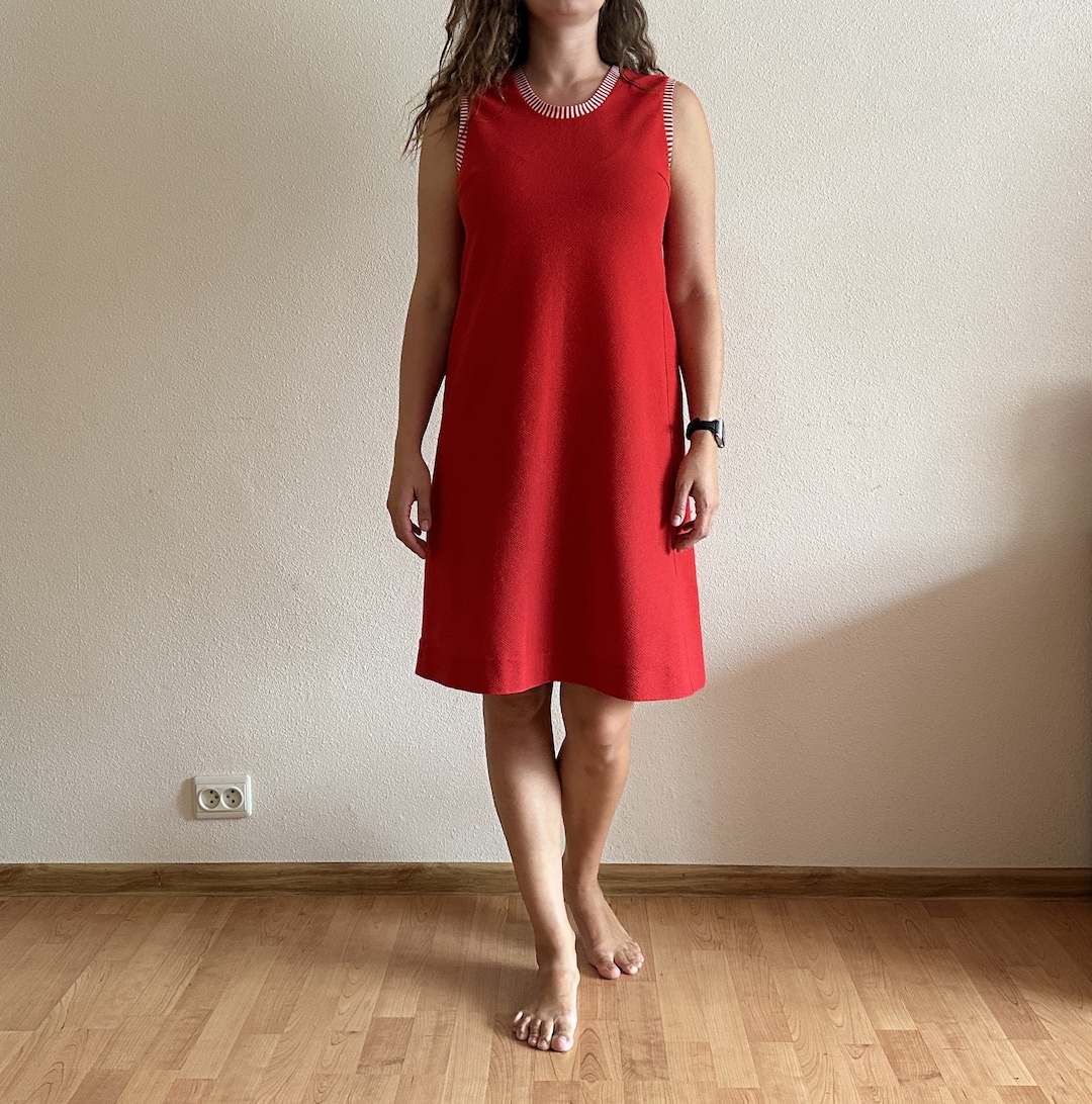 Vintage Crimplene Dress 1980s Dress Red Retro Dress Sleeveless Midi ...