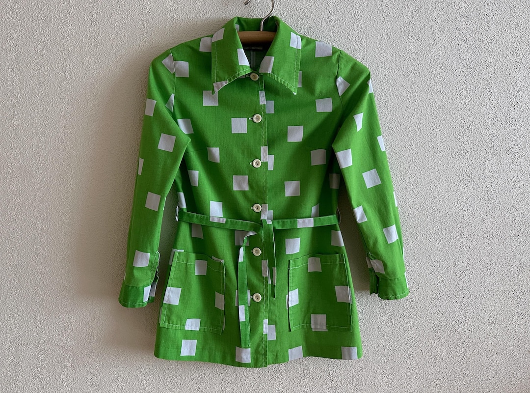Vintage 1960s Green Geometric Mod Jacket Barbarella Belted Cotton Rayon ...