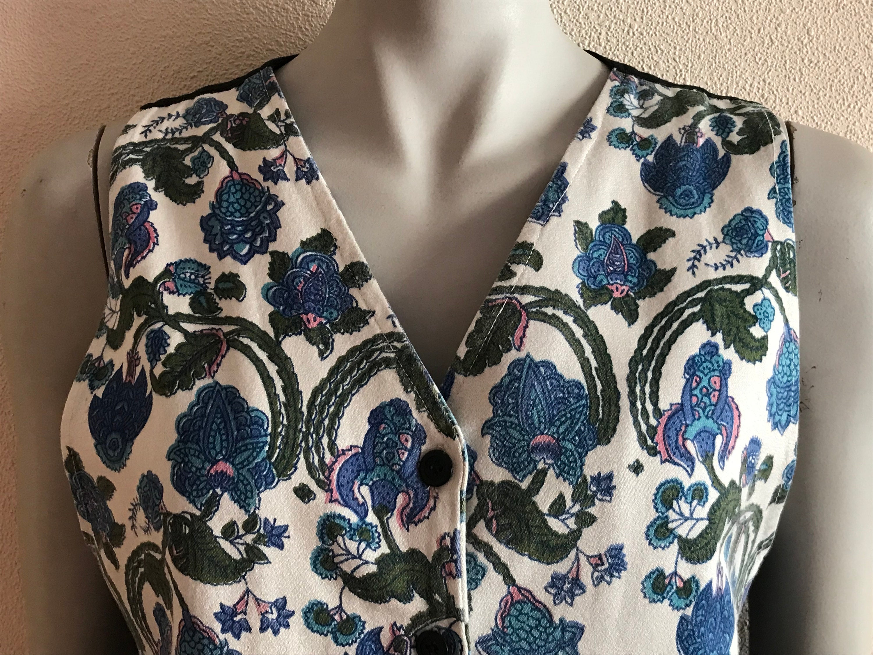 Floral Vest White Blue Flower Womens Vest Patterned Vest Fitted Vest ...