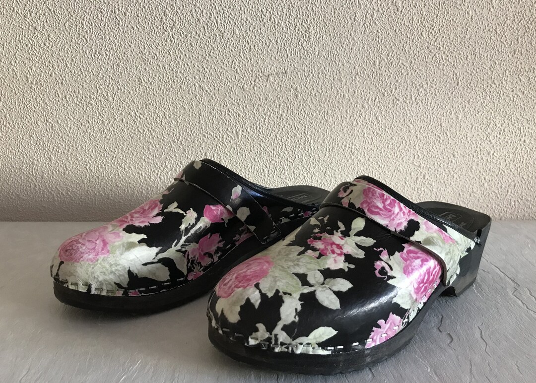 Swedish Clogs Rose Print Wooden Clogs Black Pink Floral Scandinavian ...