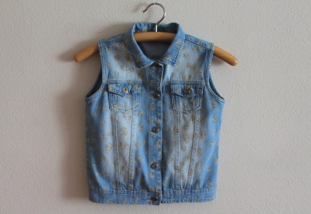 Girls Vest Denim Vest Blue Denim Vest Girls' Jean Waistcoat Floral ...