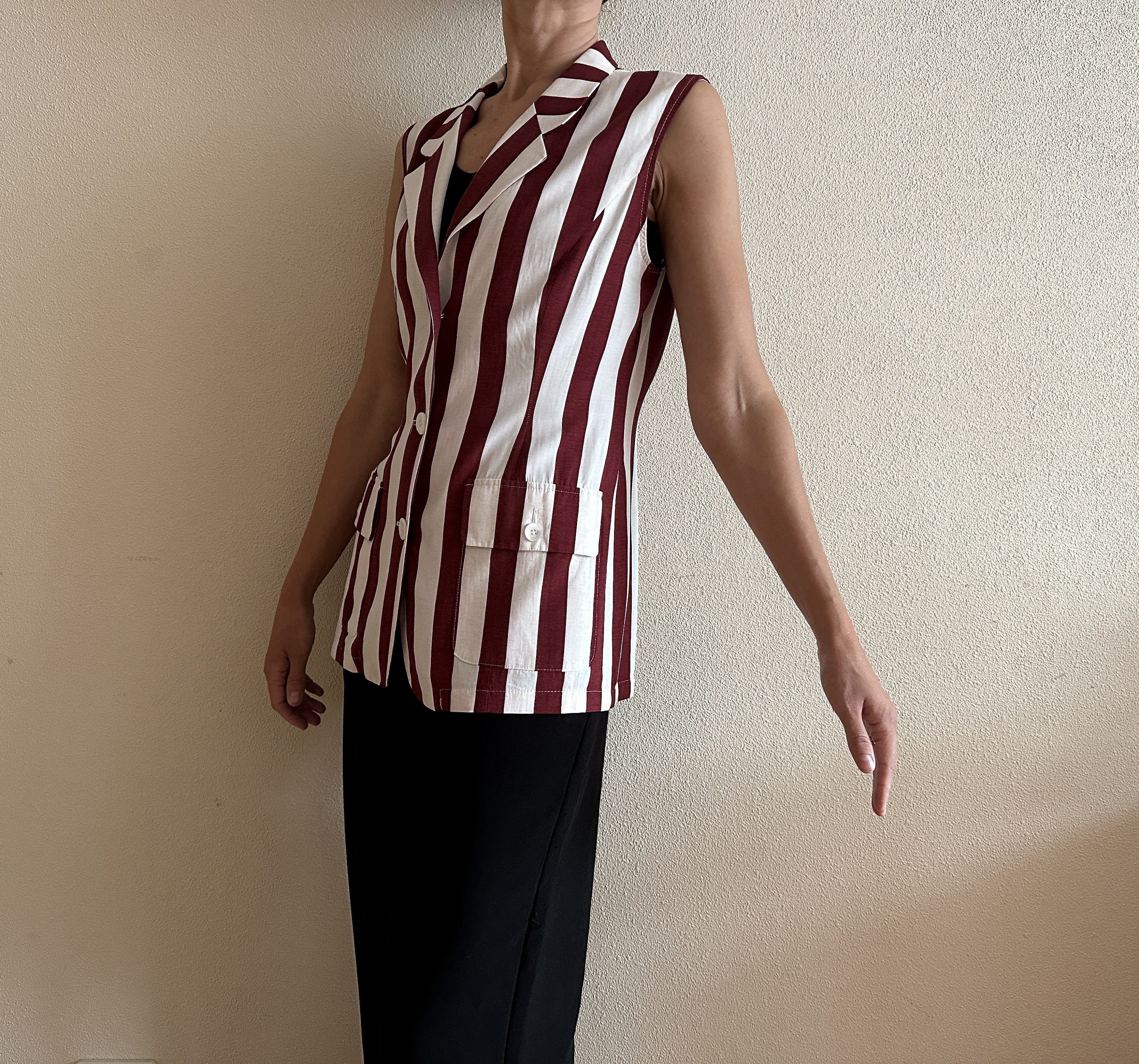 Choice by Steilmann Vintage Blouse White Red Striped Vest Sleeveless ...
