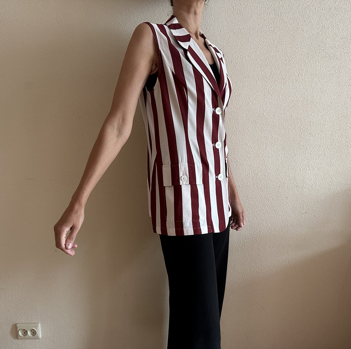 Choice by Steilmann Vintage Blouse White Red Striped Vest Sleeveless ...