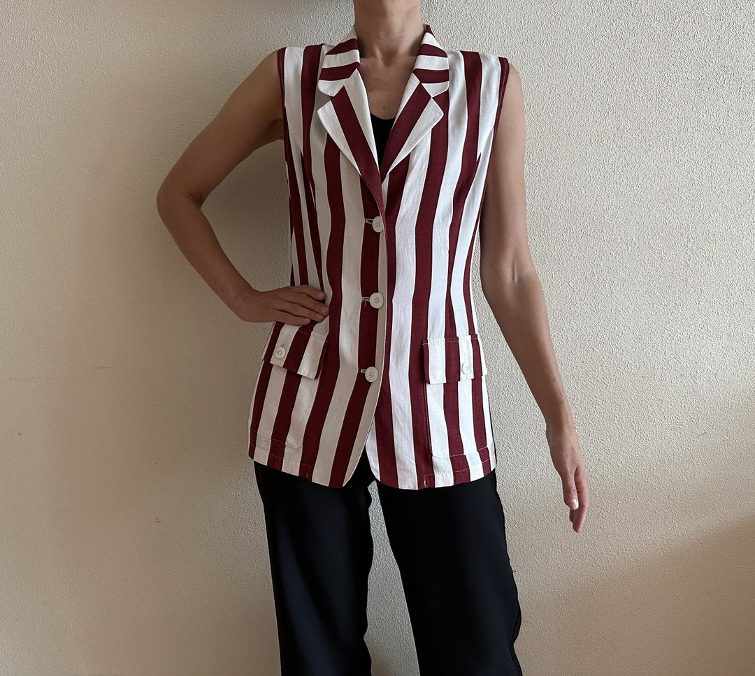 Choice by Steilmann Vintage Blouse White Red Striped Vest Sleeveless ...