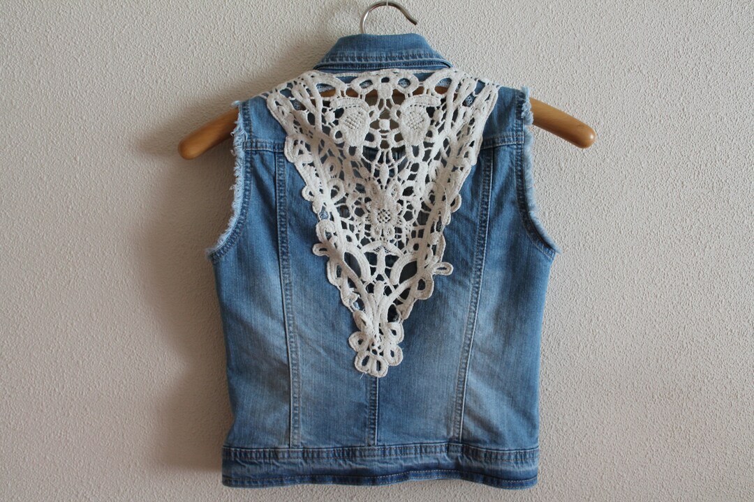 Denim Vest Women's Vest Lace Trim Vest Blue Denim Vest Waistcoat Metal ...