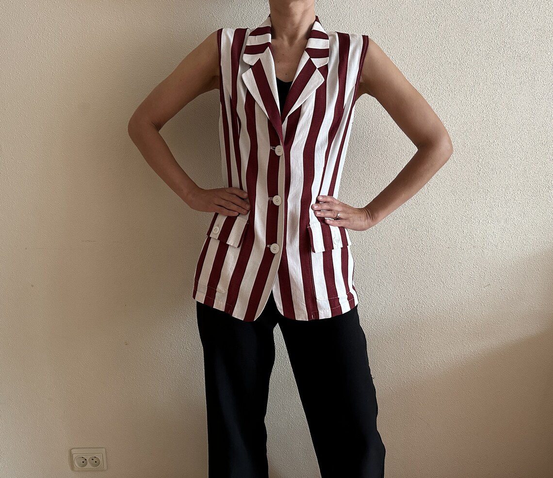 Choice by Steilmann Vintage Blouse White Red Striped Vest Sleeveless ...