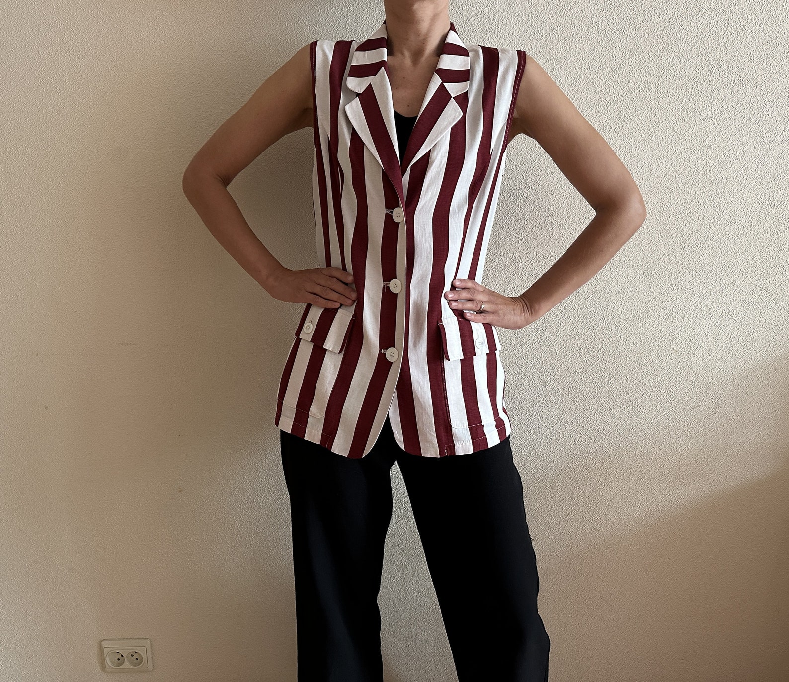 Choice by Steilmann Vintage Blouse White Red Striped Vest Sleeveless ...