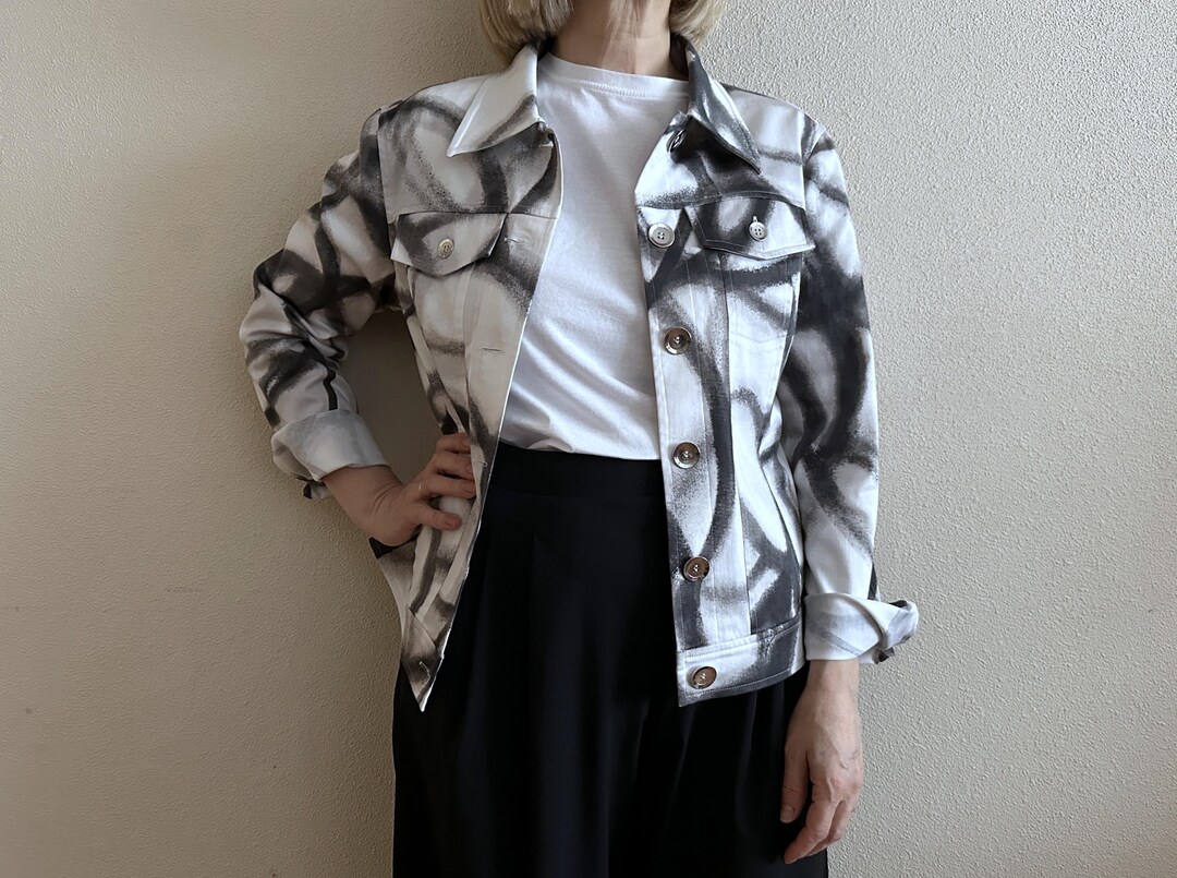 Vintage Delmod Abstract Print Jacket 90s Cotton Stretch Blazer Black ...
