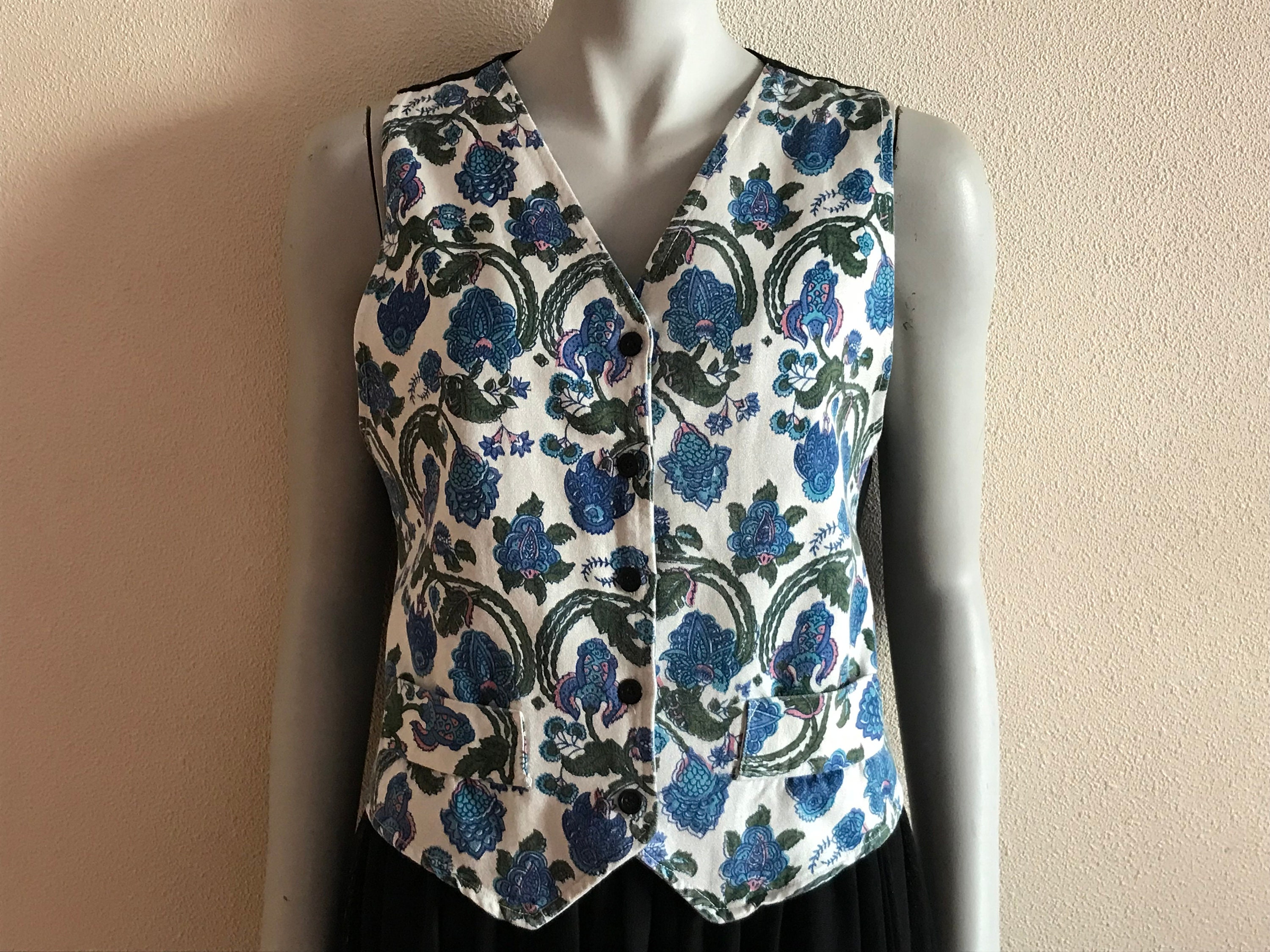 Floral Vest White Blue Flower Womens Vest Patterned Vest Fitted Vest ...