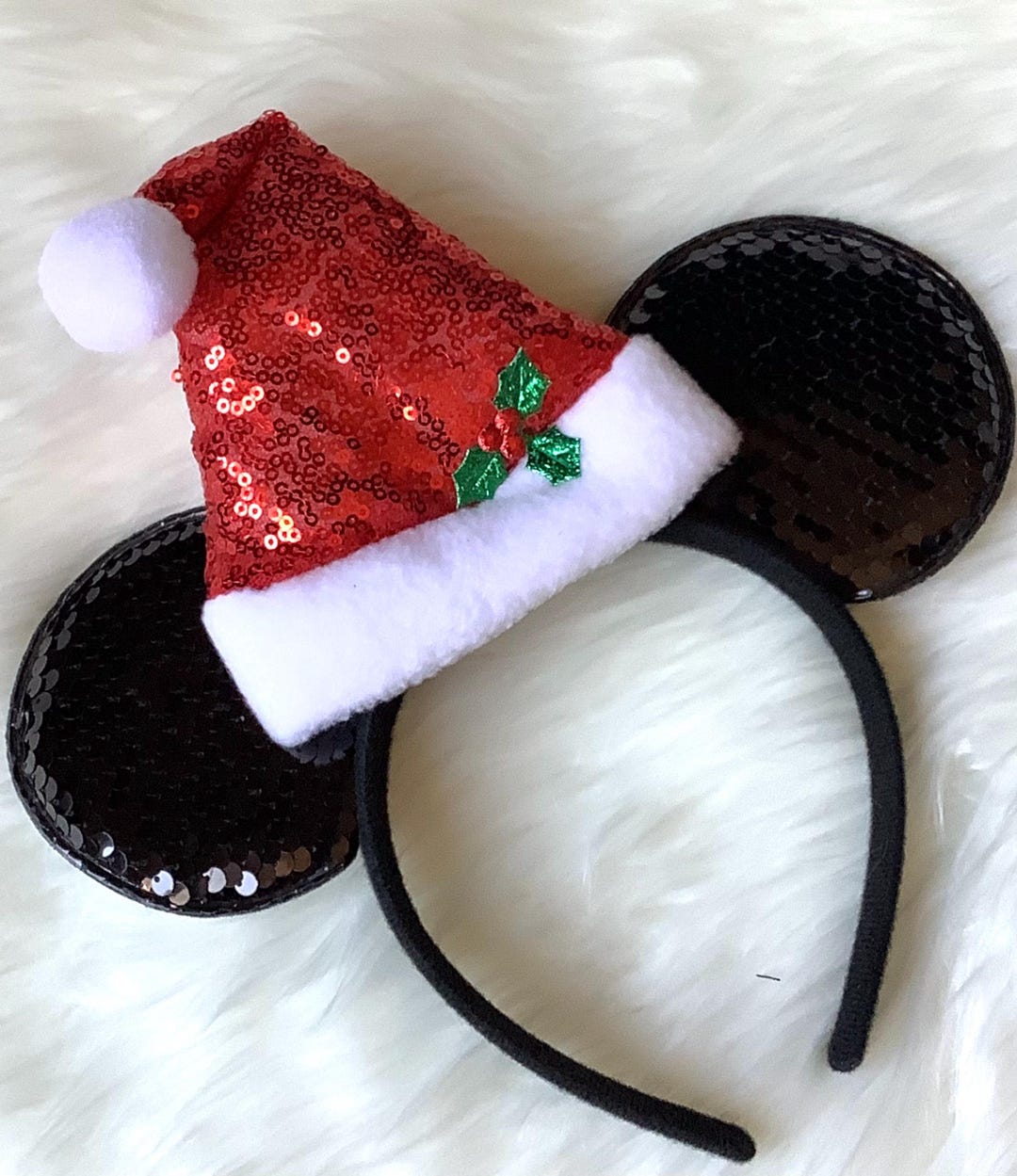 Santa Hat Headband With Sequin Ears, Red Sequin Minnie Ears, Sequin ...