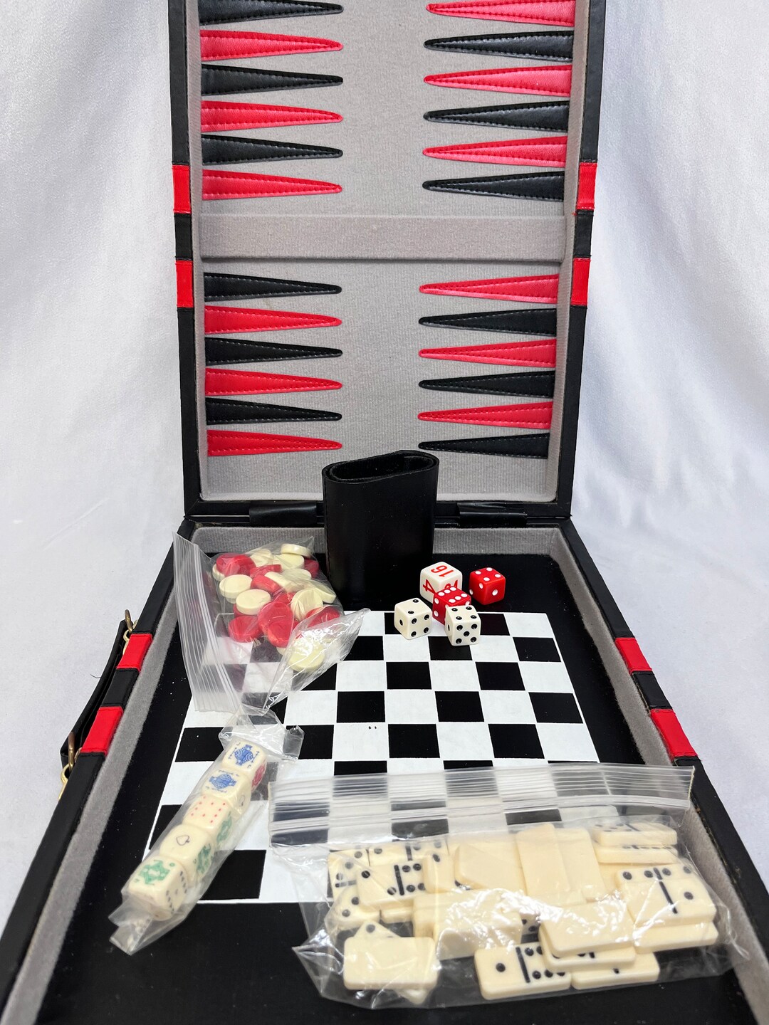 Vintage Combination Game Set in Faux Leather Case, Checkers, Backgammon ...