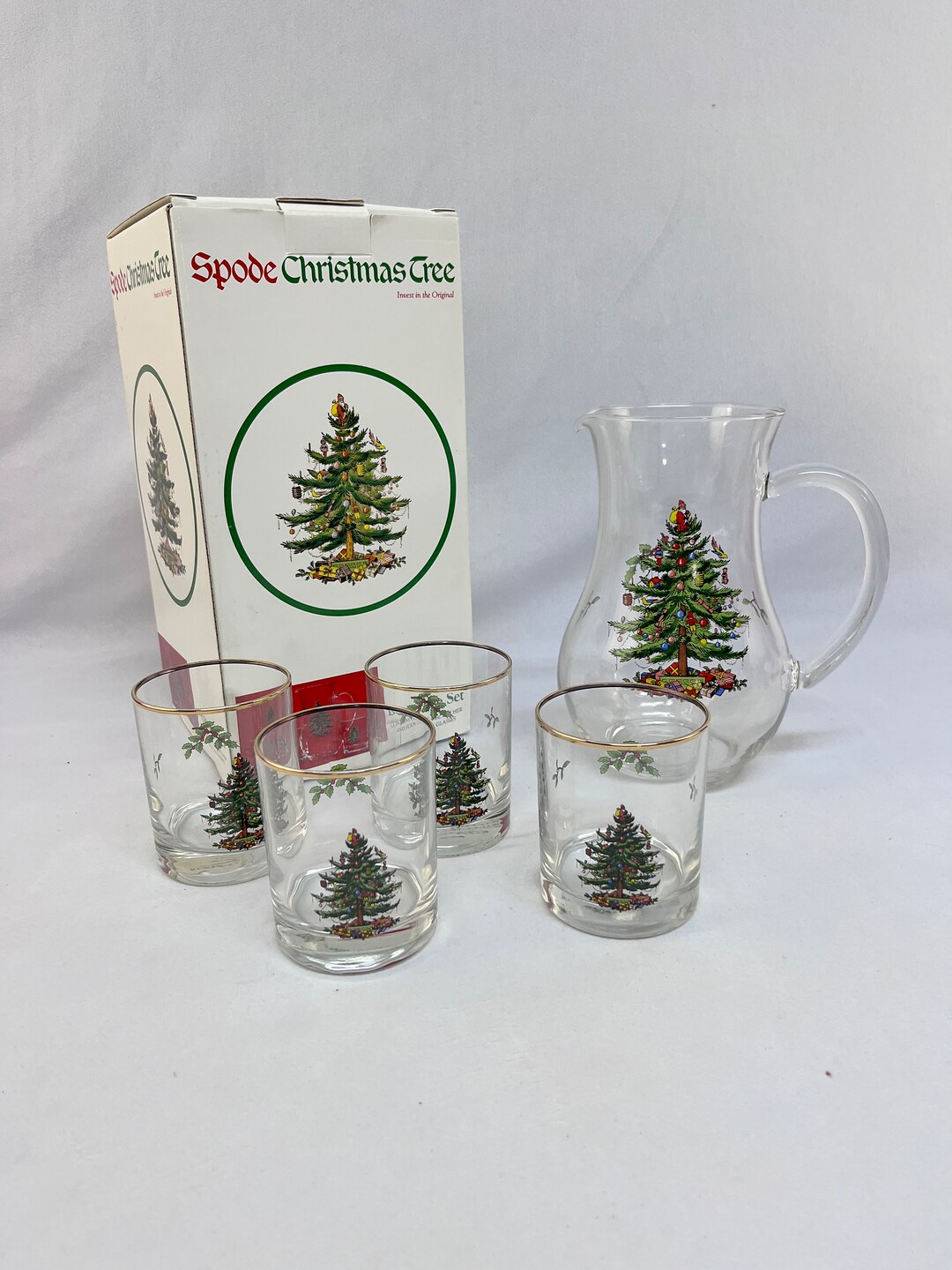 Vintage NOS Spode Christmas Tree Glass Pitcher and 4 Tumblers, 5 Piece ...