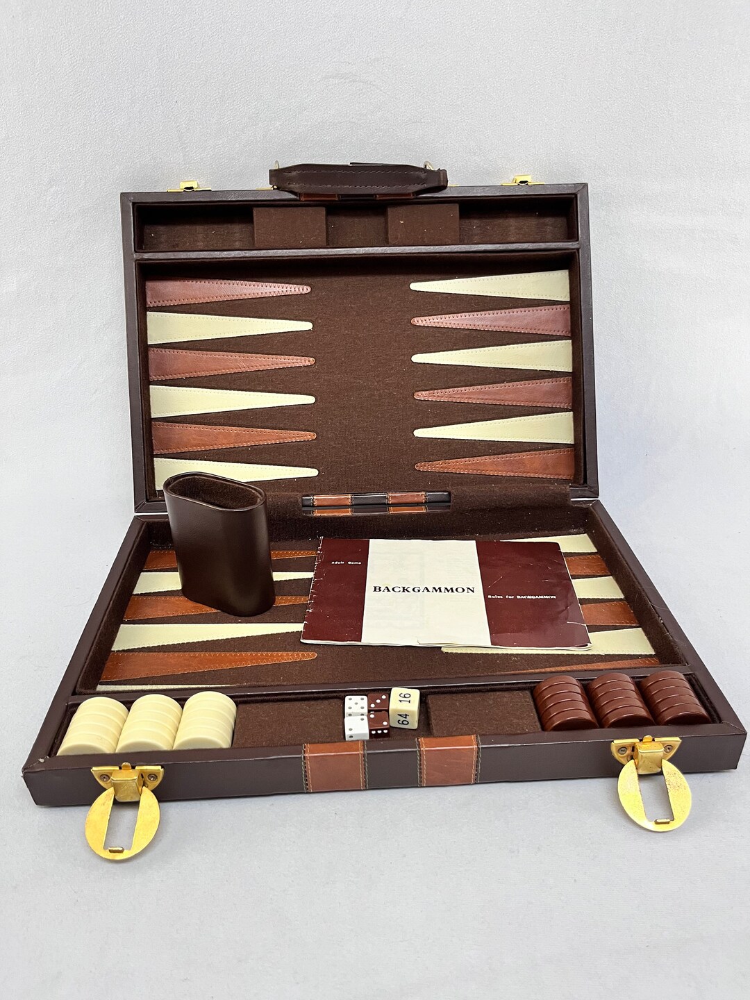 Large Backgammon Set in Travel Case, Brown and Beige Faux Leather Case ...