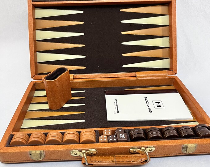 Vintage Backgammon Set in Travel Case, Brown and Beige Faux Leather ...