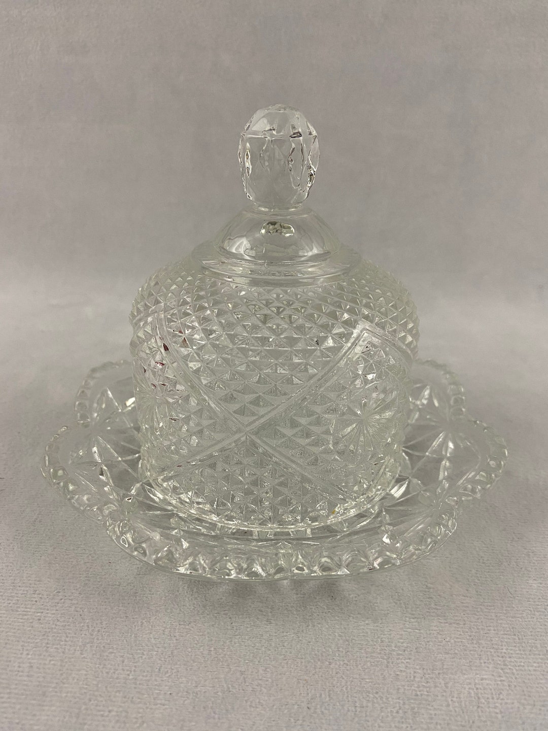 Avon Crystal Diamond Cut Dome and Plate Set, Covered Cheese Dish ...