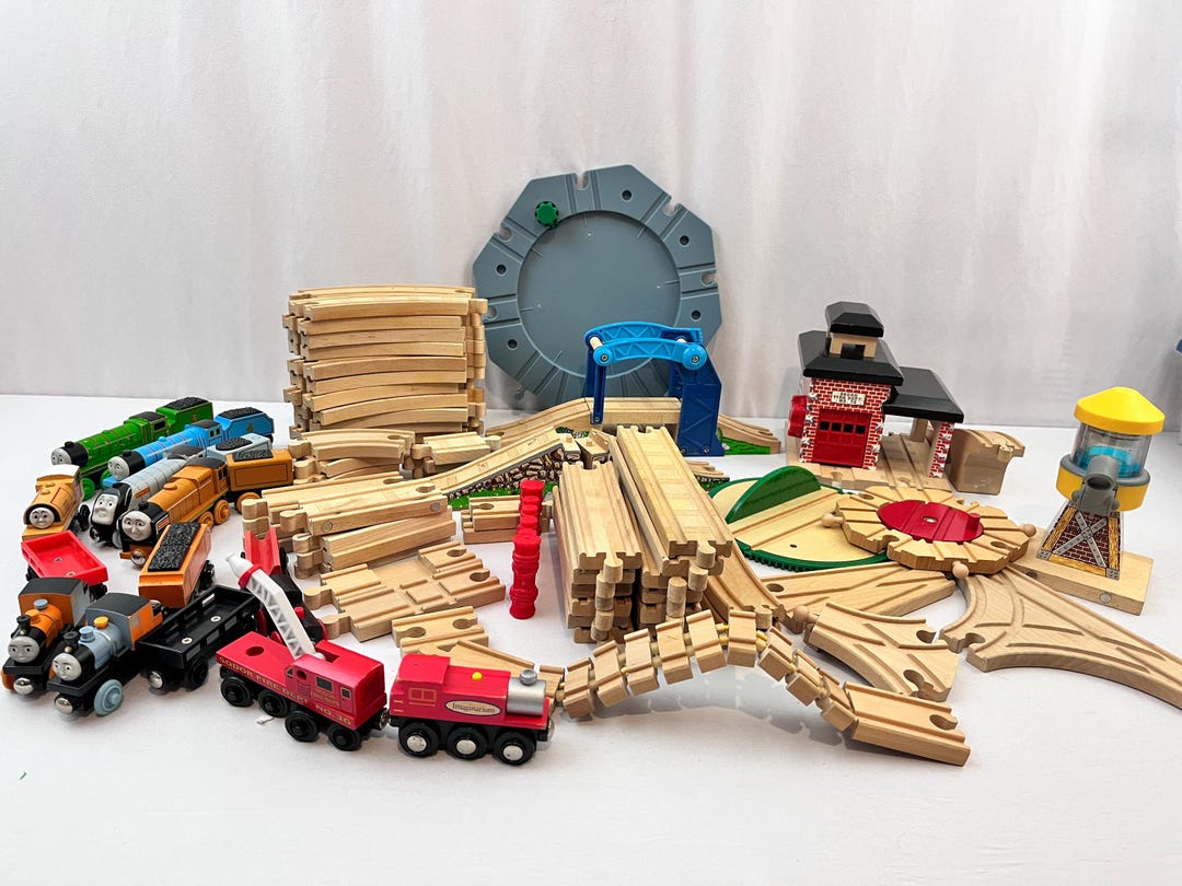 Vintage Wood Train Set With 18 Cars, Bridges, Water Tower and Fire ...
