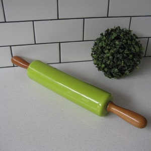 18” Vintage Lime Green Ceramic Rolling Pin Wood Handles Counter Art ...