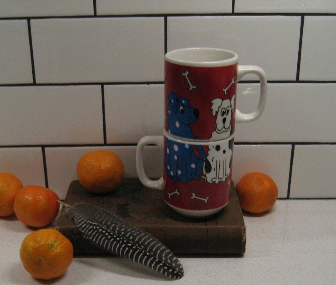 Pair Vintage Stacking Mugs Blue White Cartoon Spotted Dogs With Bones ...