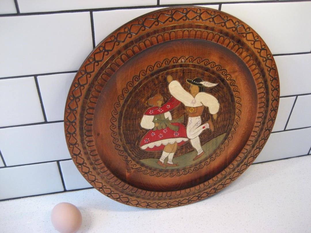 12" Vintage Handmade Solid Wood Decorative Plate Alpine Folk Art ...