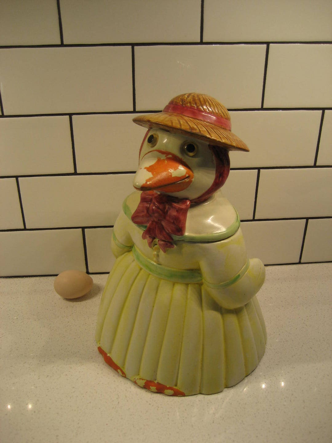 11" Vintage Mother Goose Bisque Cookie Jar Straw Hat Wide Ribbon Glass ...