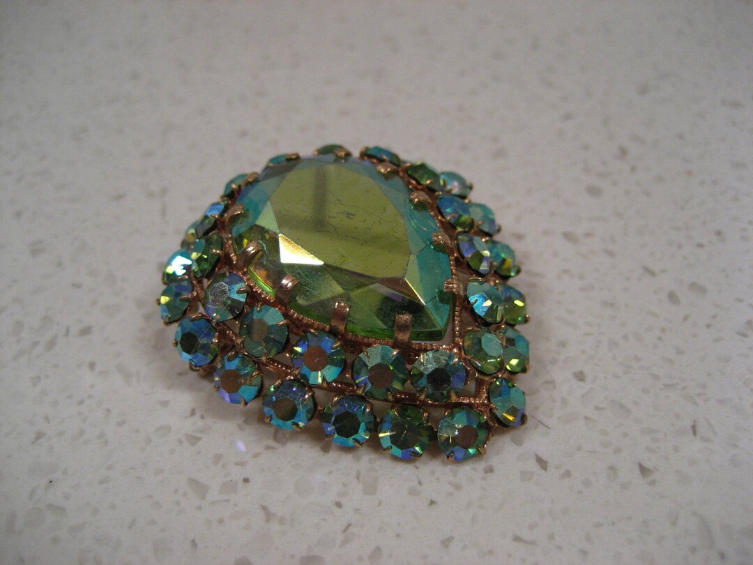 1.5" Vintage Pear Shaped Rhinestone Pin Brooch Aqua Greens Blues ...