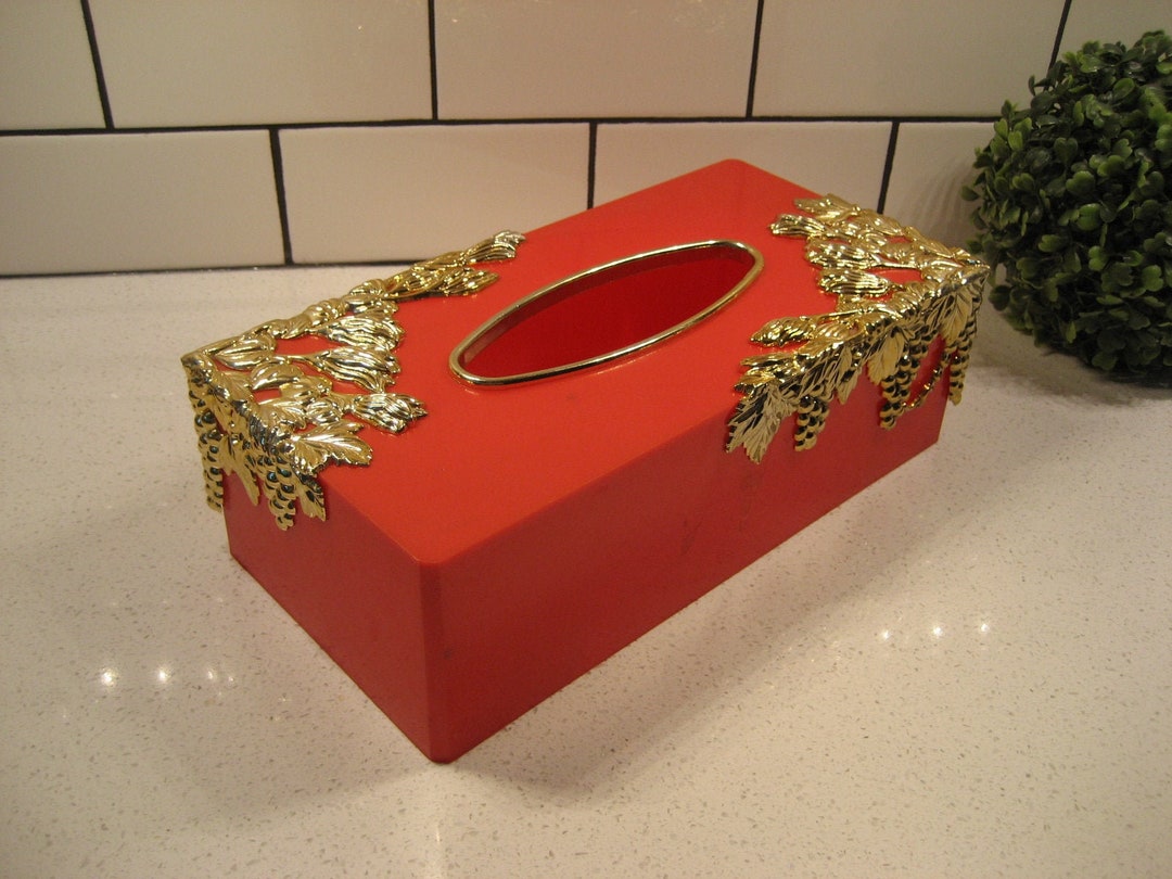 Vintage Plastic Tissue Box Cover Rectangle Coral Gold Grape Vines ...