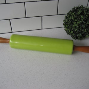 18” Vintage Lime Green Ceramic Rolling Pin Wood Handles Counter Art ...
