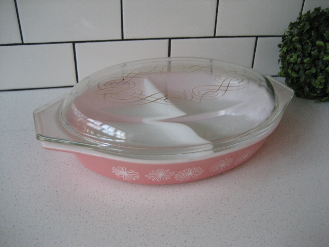 13" Vintage Pyrex 1.5-qt Pink White Daisy Gaiety Oval Ovenware Divided ...