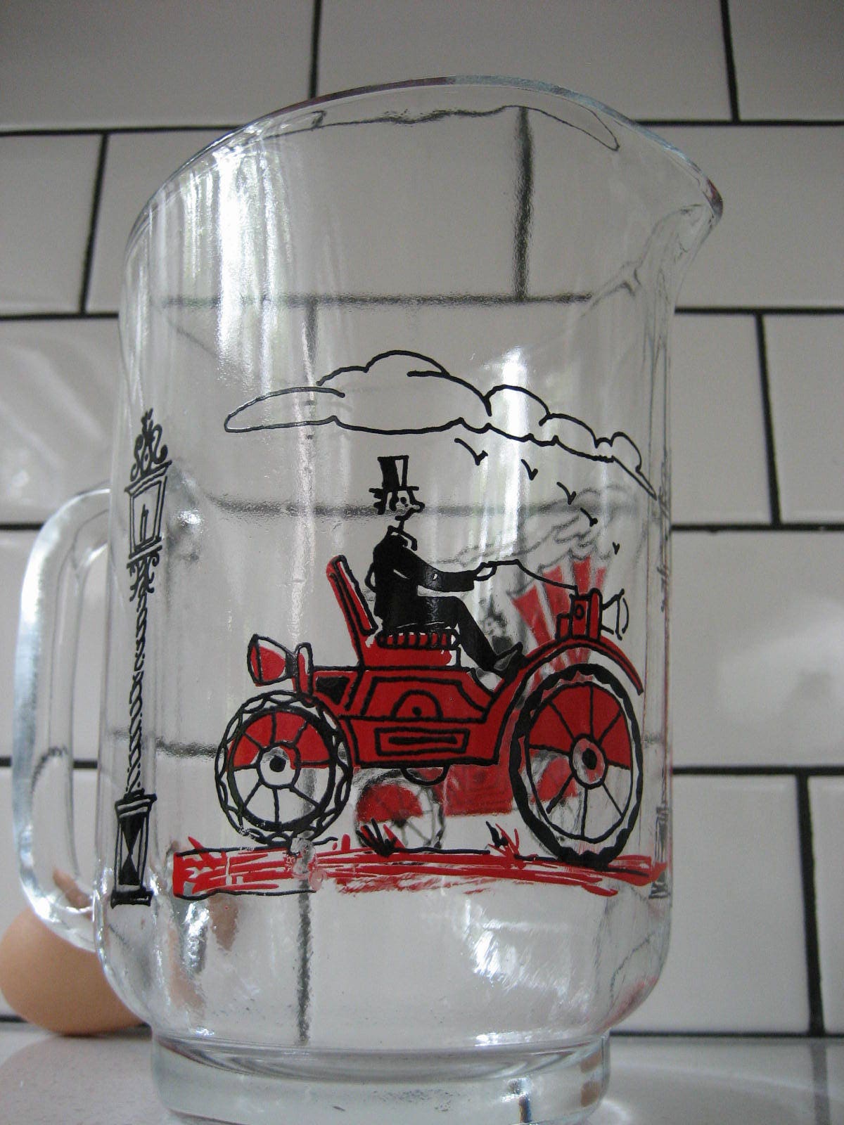 Vintage Motor Car Pitcher Antique Cars Lamposts Clouds Stylized Red ...