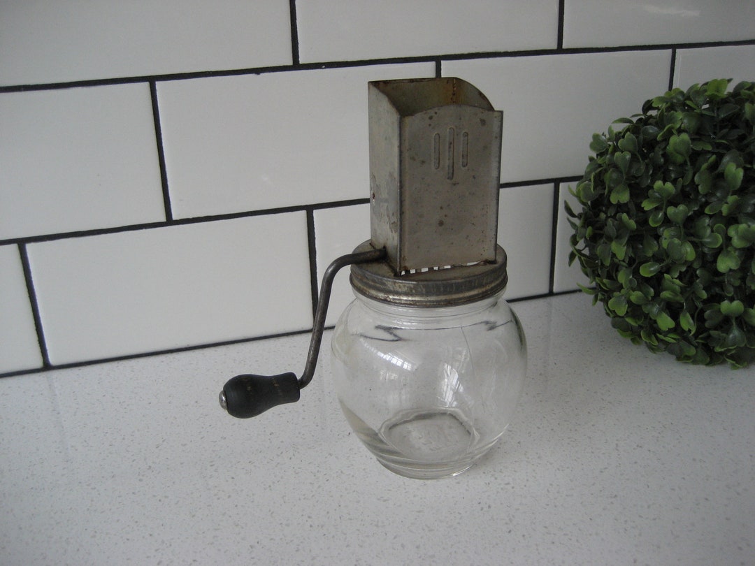 6.5" Vintage Kitchen Hand Nut Meat Chopper Grinder Glass Jar Wooden ...