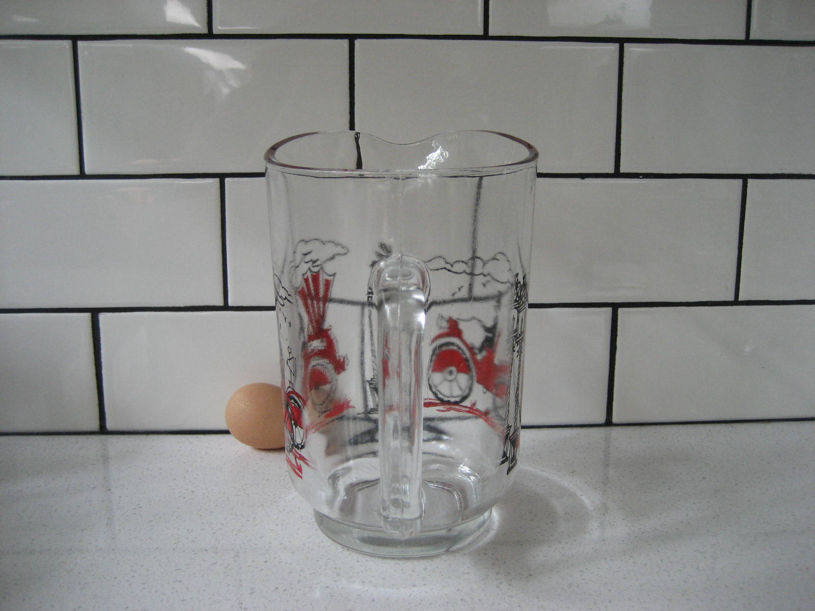 Vintage Motor Car Pitcher Antique Cars Lamposts Clouds Stylized Red ...