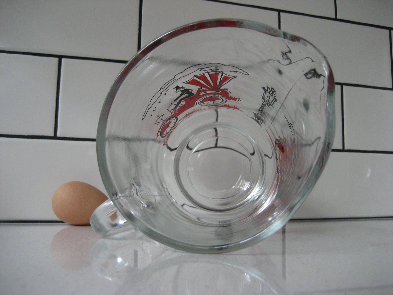 Vintage Motor Car Pitcher Antique Cars Lamposts Clouds Stylized Red ...