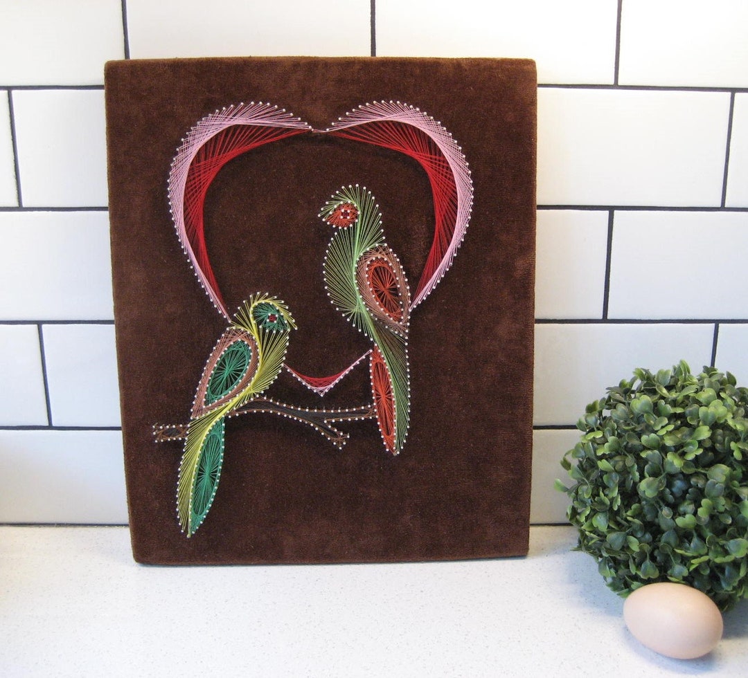 12.75” Vintage String Art Lovebirds Heart Colourful Parrots Retro ...