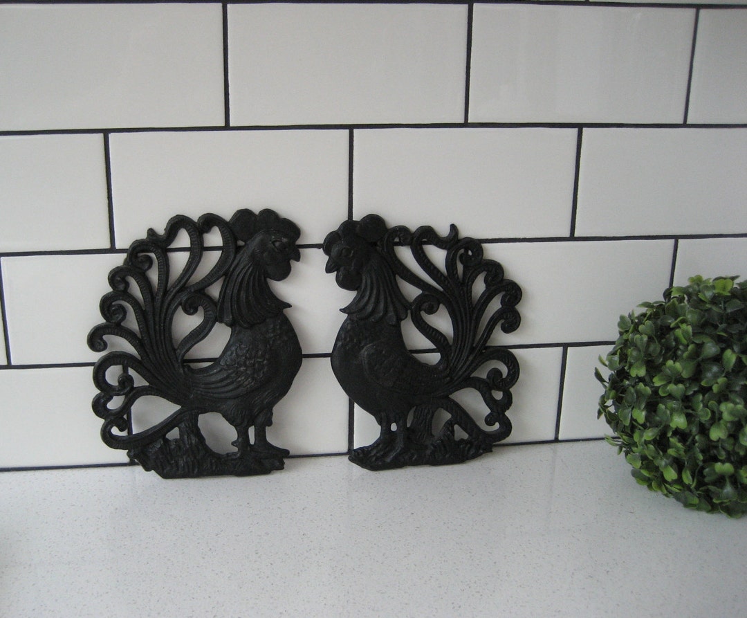 Pair Vintage Cast Iron Roosters Embossed Backyard Chickens Urban Rustic ...