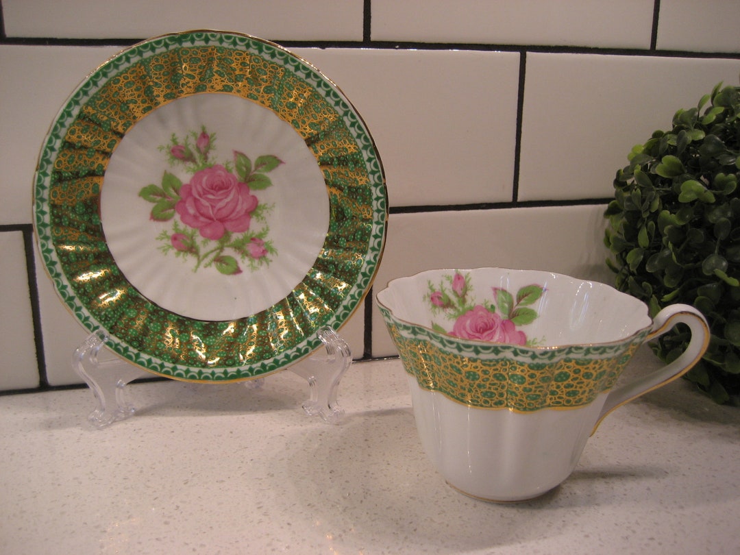 Gorgeous Vintage Gladstone Teacup Set Mottled Kelly Green Gold Polka ...