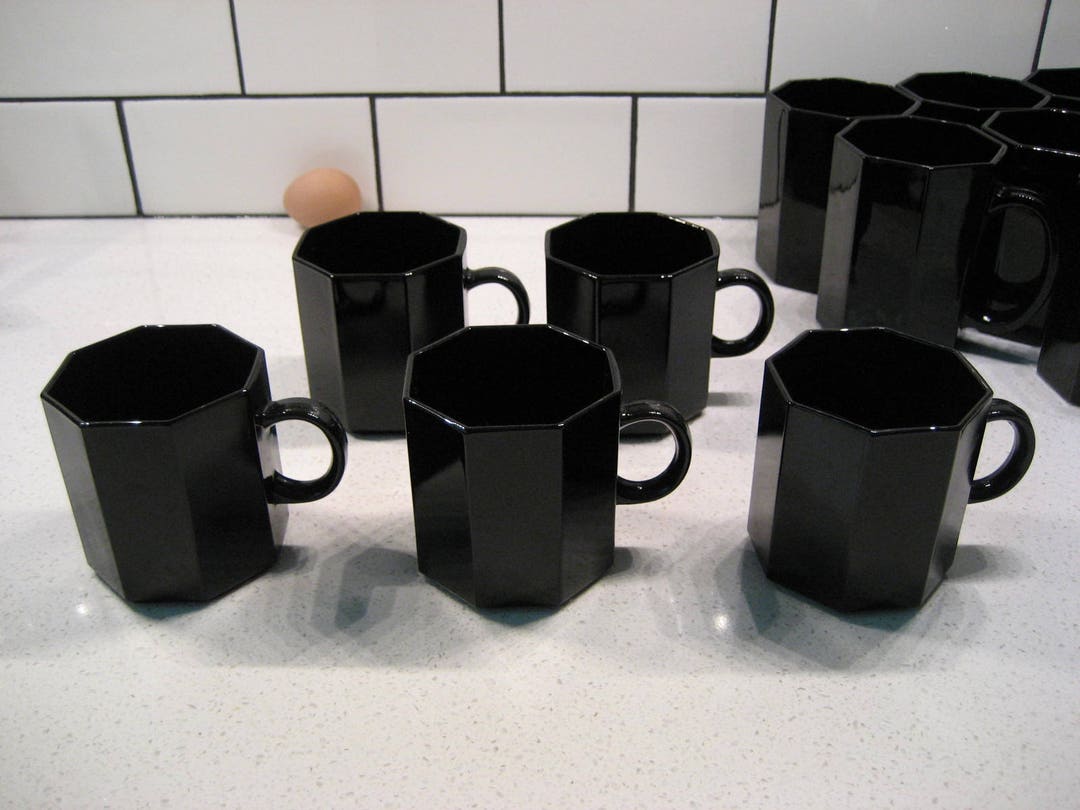 5pc Set Medium Vintage Arcoroc Black Glass Mugs Octagon Shape Geometric ...