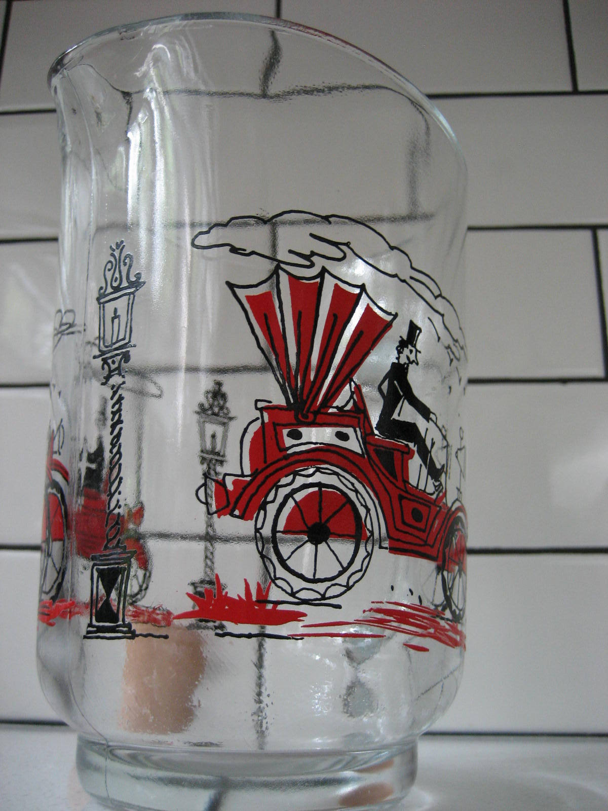 Vintage Motor Car Pitcher Antique Cars Lamposts Clouds Stylized Red ...