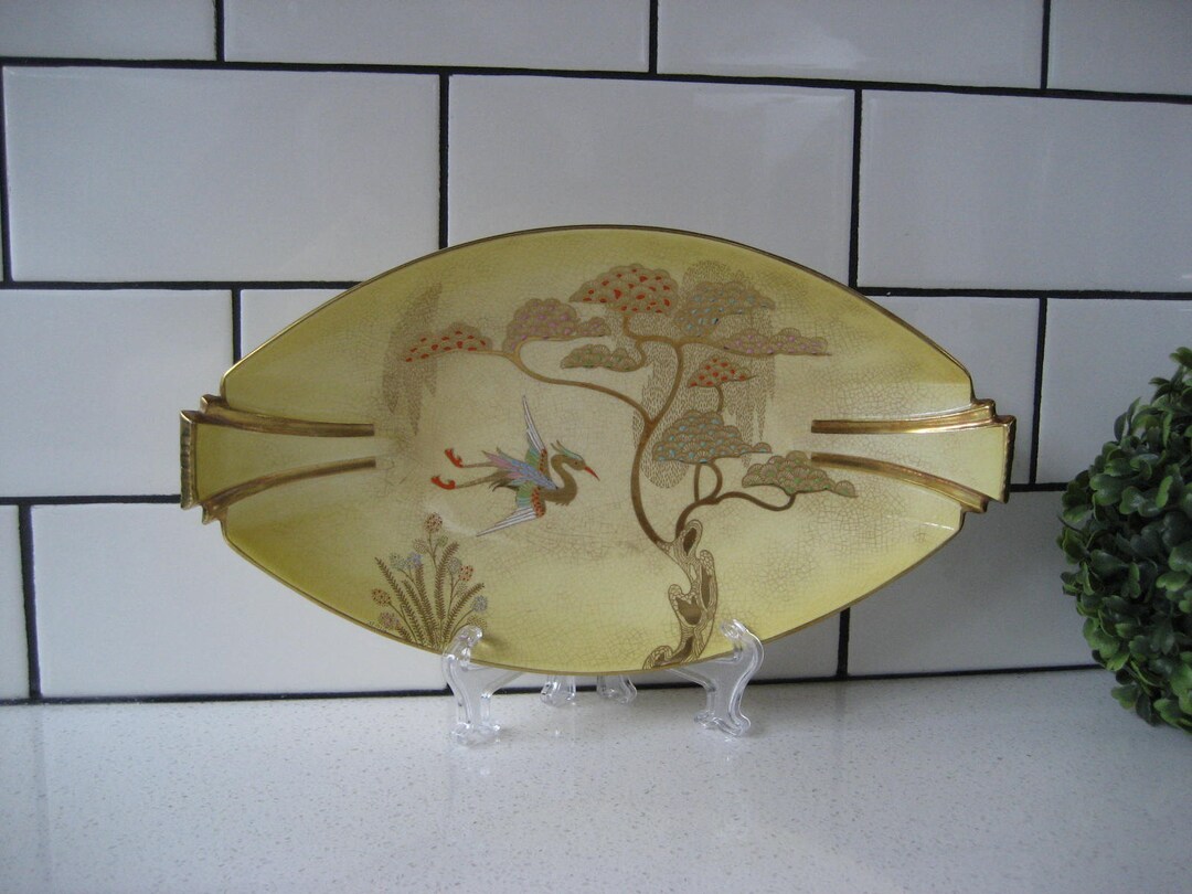 11” Gorgeous Vintage Carlton Ware Tray Art Deco Flying Crane Weeping ...