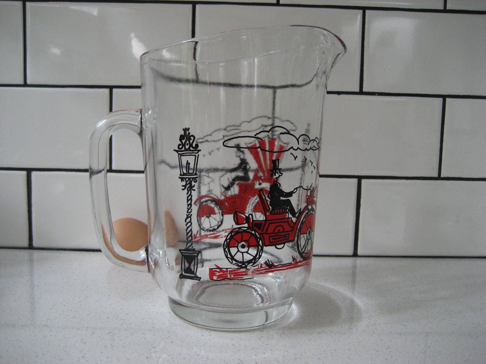 Vintage Motor Car Pitcher Antique Cars Lamposts Clouds Stylized Red ...