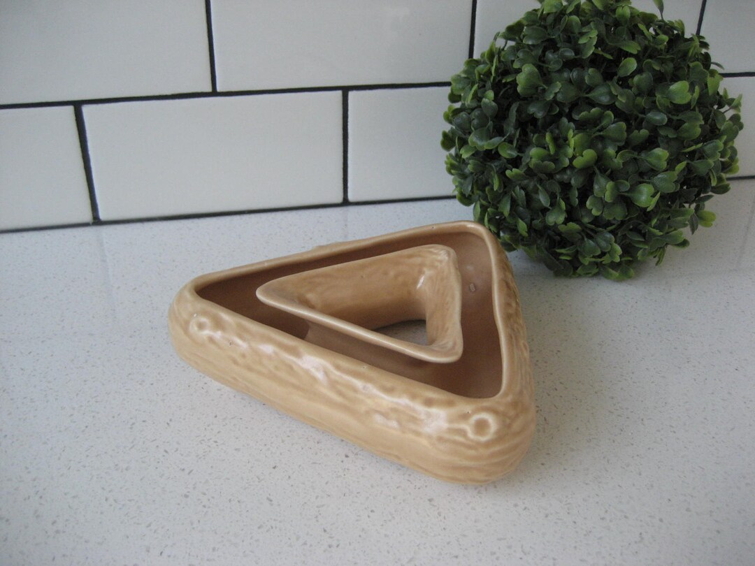 Vintage Triangle Pottery Vase Bark Texture Exterior Woodland Planter ...
