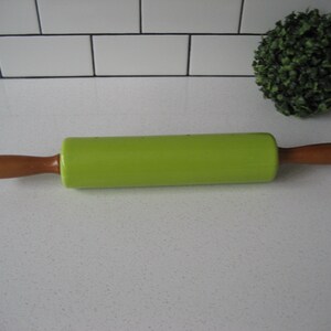 18” Vintage Lime Green Ceramic Rolling Pin Wood Handles Counter Art ...