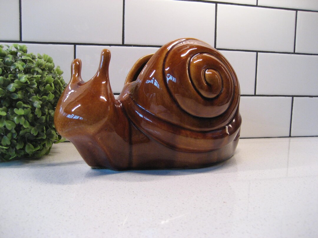 11” HEAVY Vintage Garden Snail Pottery Planter Vase Adorable Whimsical ...