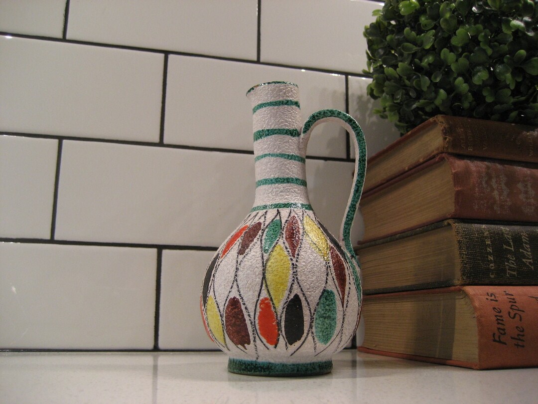 Vintage Small Handled Pottery Jug Bumpy Glaze Hand-painted Green ...