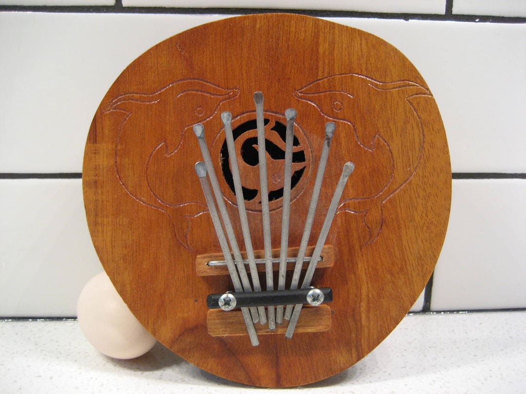 6" Vintage Thumb Piano Kalimba Coconut Shell Carved Wood Dolphins Metal ...