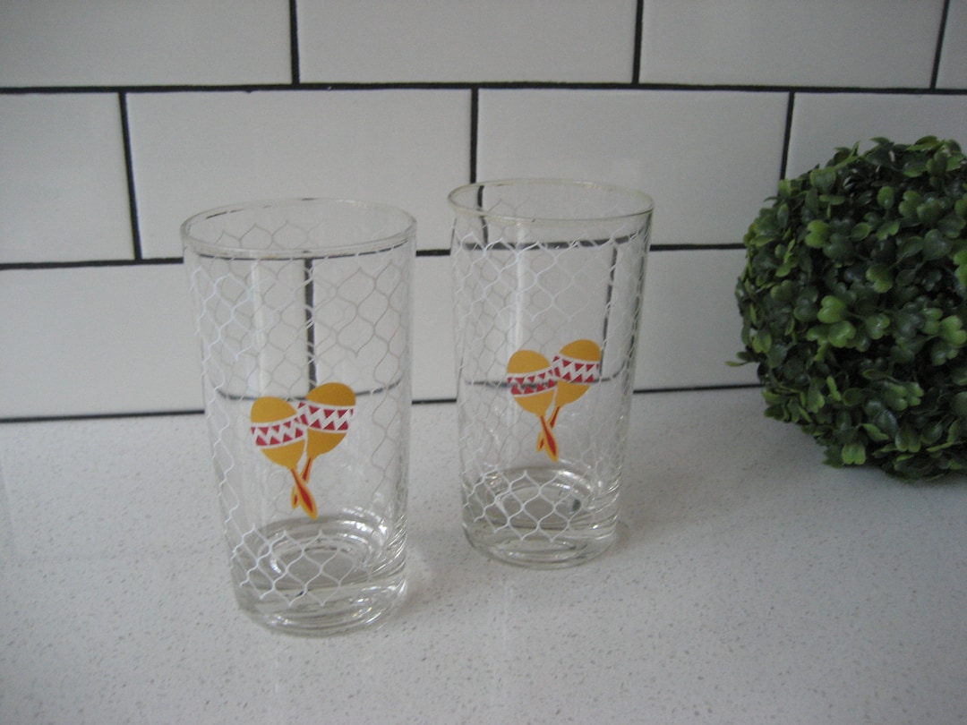 Pair 5.25" Vintage Fiesta Drinking Glasses Maracas Arabesque Fish Net ...