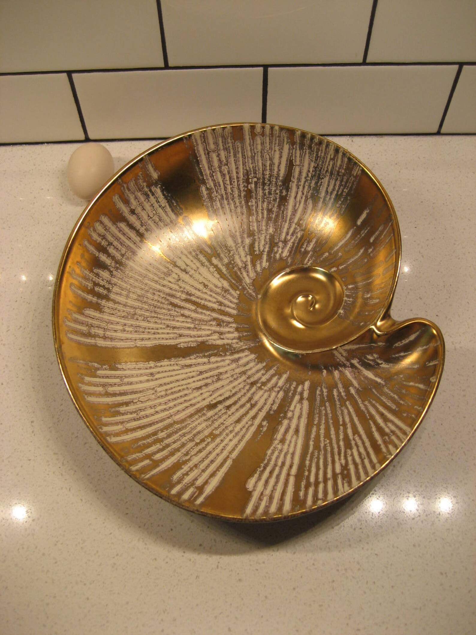 11” Vintage Golden Nautilus Shell Pottery Figural Bowl Dish Sandcastle ...